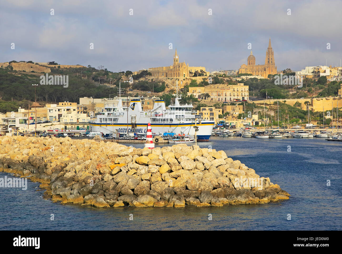 View from Gozo Channel Line ferry ship approaching port of Mgarr, Gozo ...