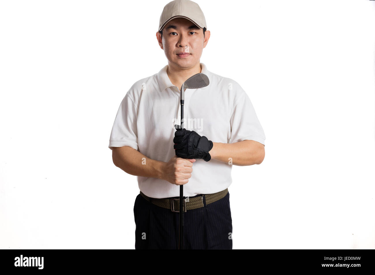 Smiling Asian Chinese Man posing with Golf Club in isolated white ...