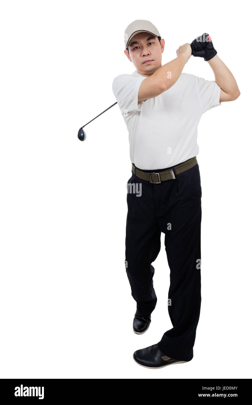 Smiling Asian Chinese Man Swinging Golf Club in isolated white ...