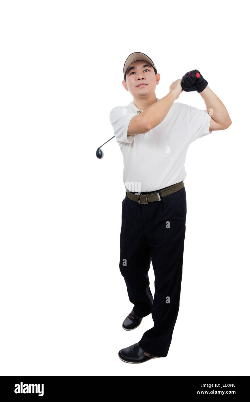 Smiling Asian Chinese Man Swinging Golf Club in isolated white ...