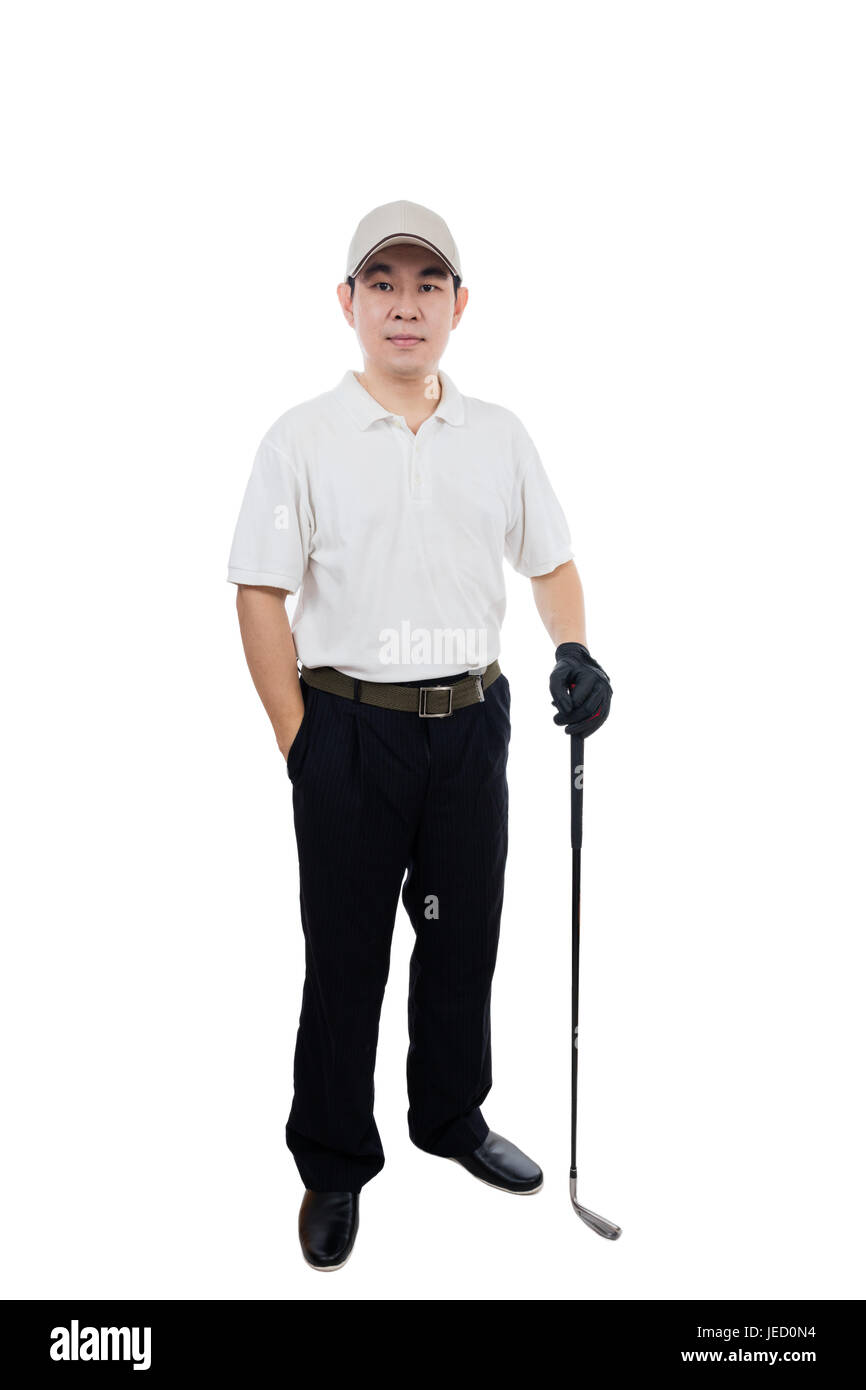 Smiling Asian Chinese Man posing with Golf Club in isolated white ...