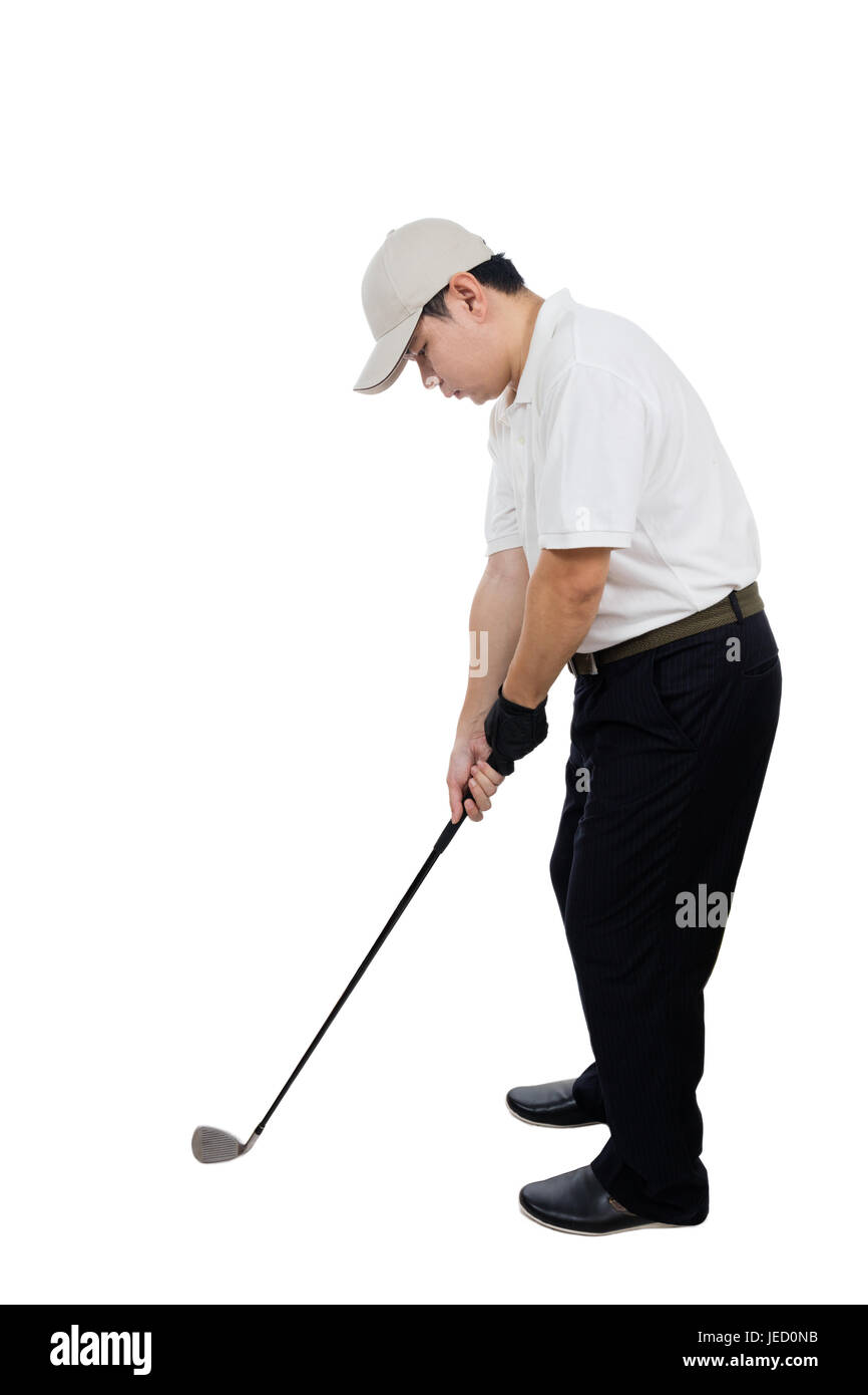 Asian Chinese Male Golfer posing with Golf Club in isolated white ...