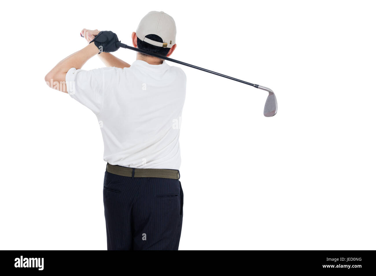 Rearview of Asian Chinese Man Swinging Golf Club in isolated white ...