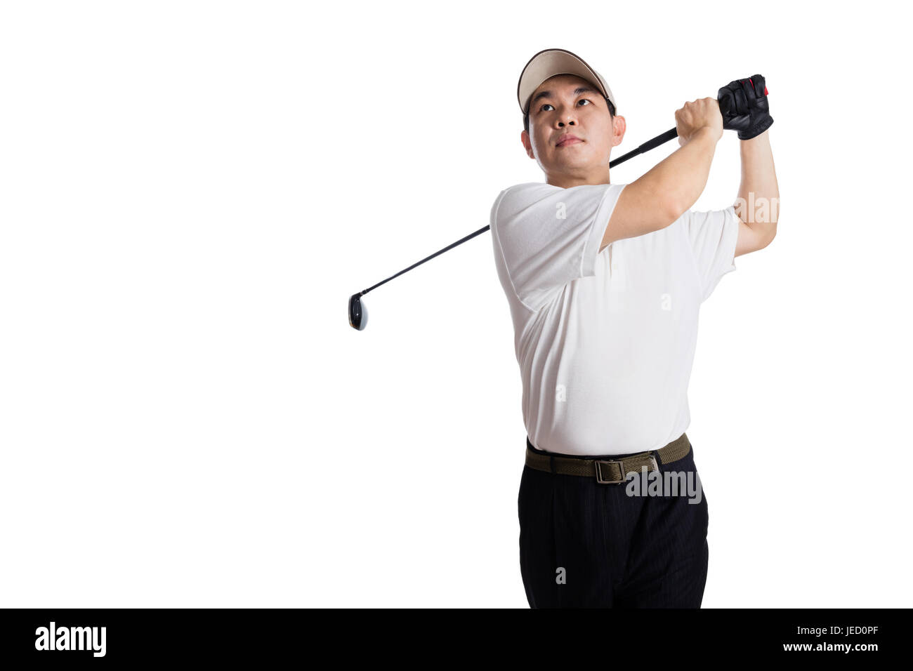 Smiling Asian Chinese Man Swinging Golf Club in isolated white ...
