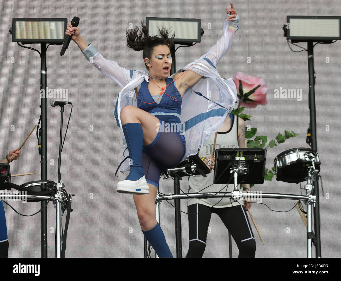 Charli XCX performs on the Other Stage at the Glastonbury Festival, at ...