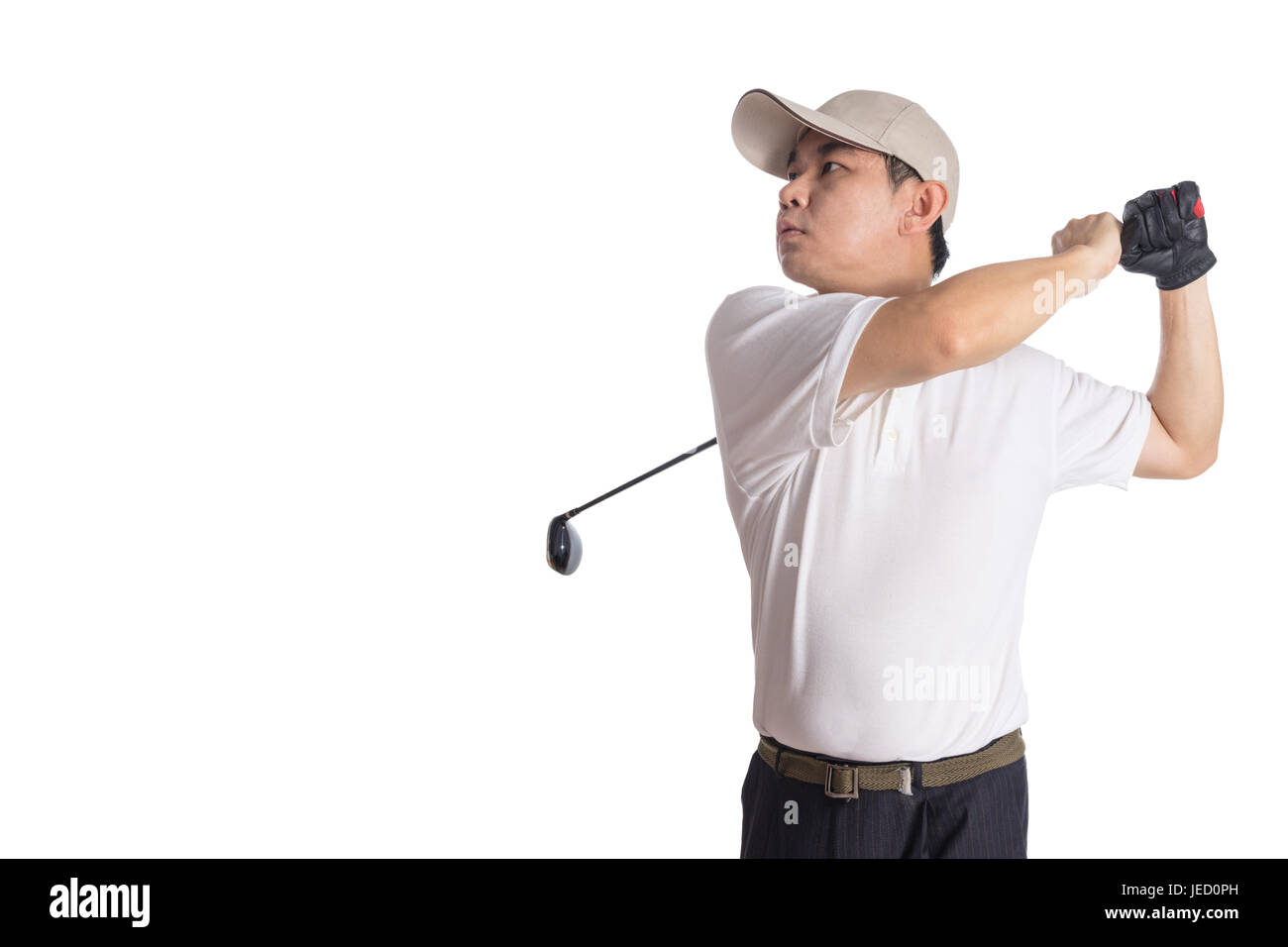 Smiling Asian Chinese Man Swinging Golf Club in isolated white ...