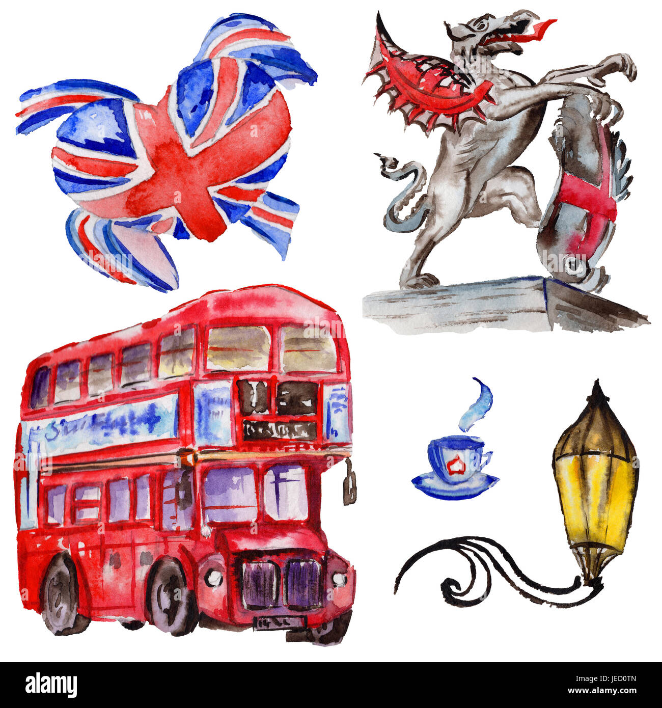 Watercolor London illustration. Great Britain hand drawn symbols ...