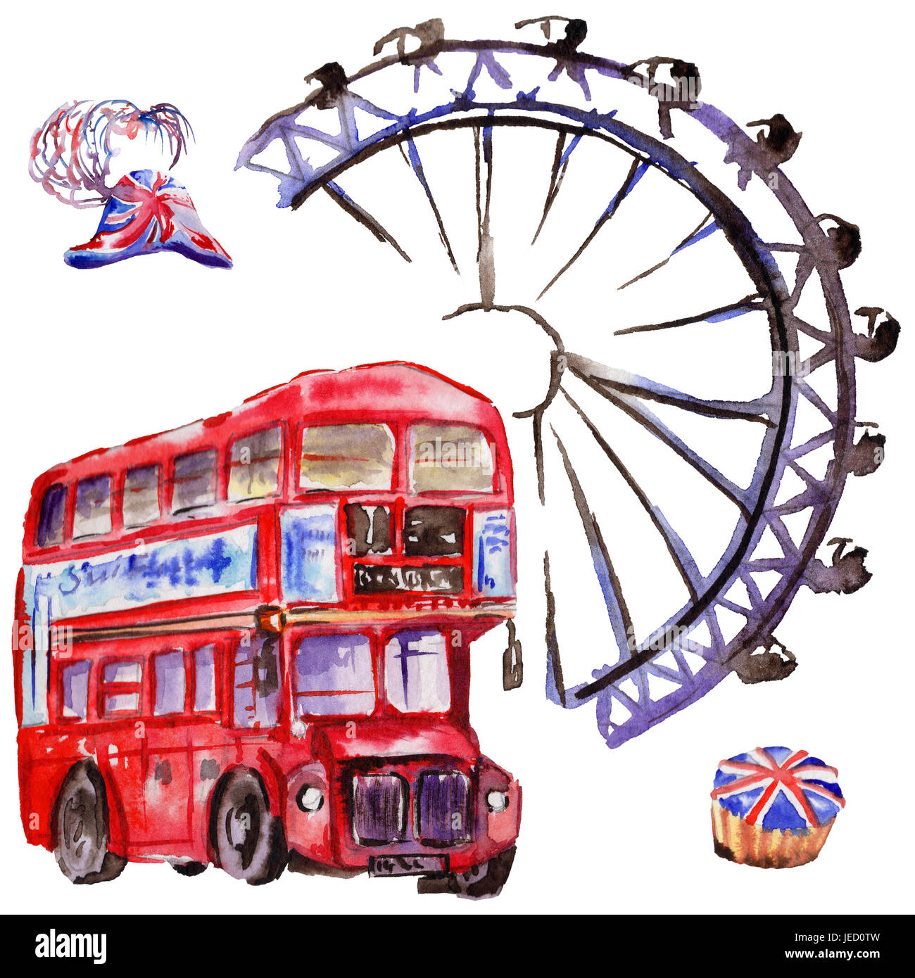 Watercolor London illustration. Great Britain hand drawn symbols ...