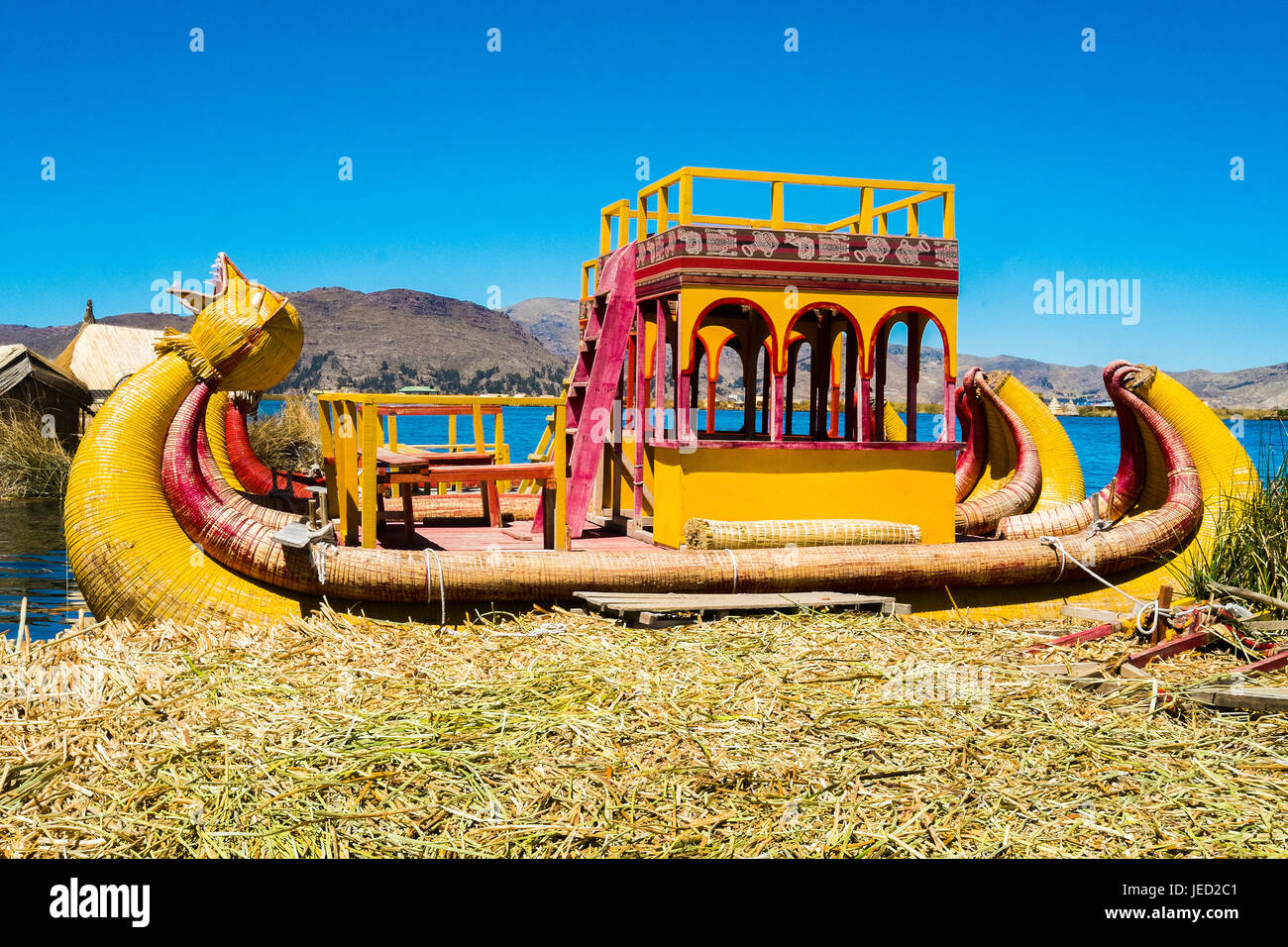 Typical boat in Uros floating islands, Puno, Peru Stock Photo - Alamy