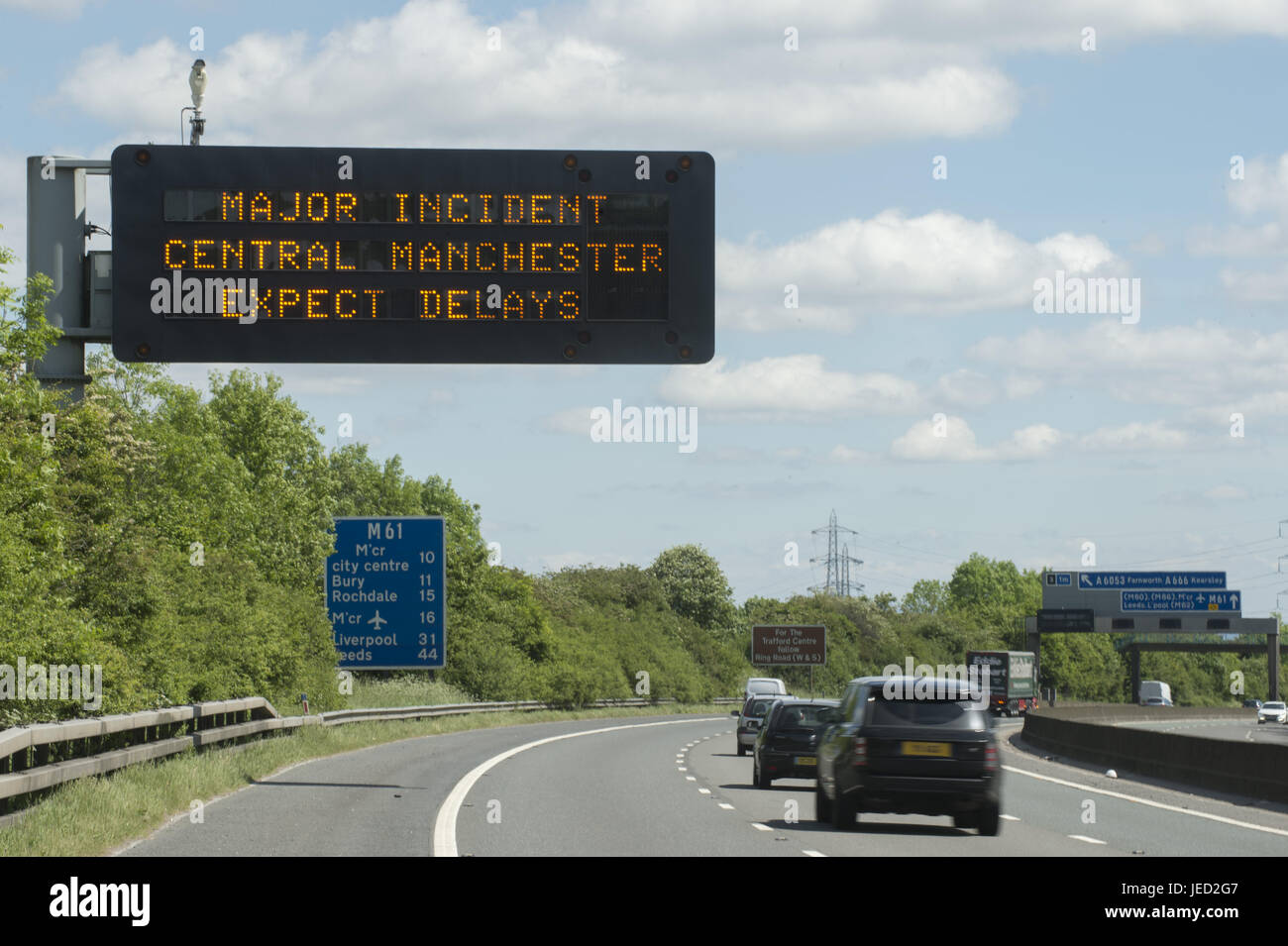 A road sign informs motorists of the "Major incident" on the M61 ...