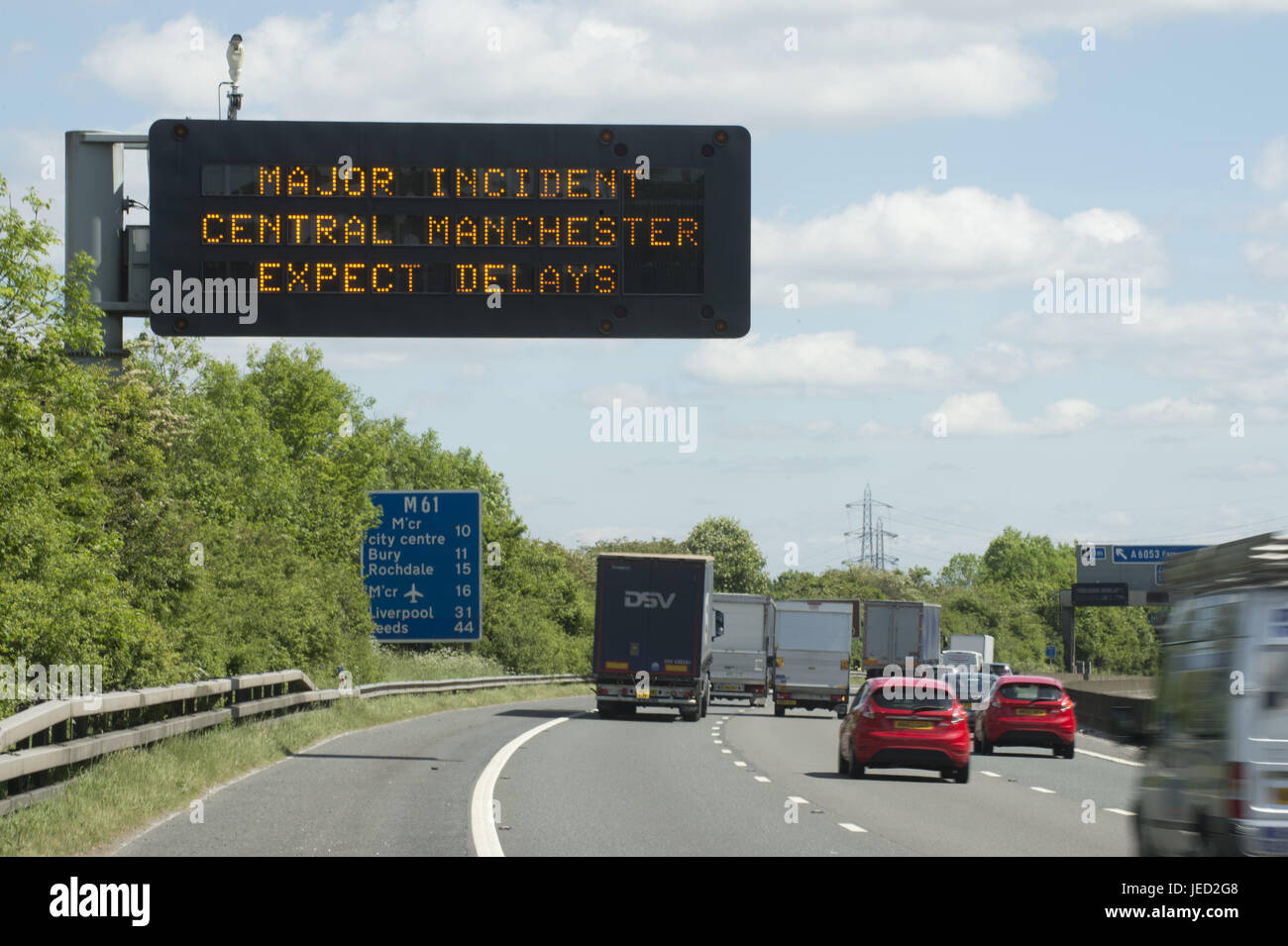 A road sign informs motorists of the "Major incident" on the M61 ...