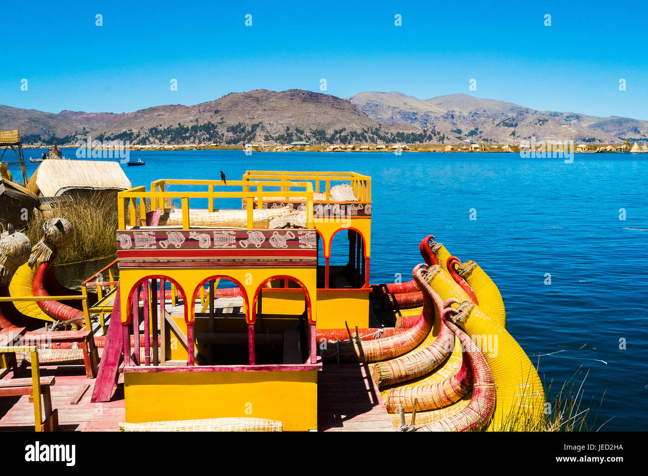 Typical boats in Uros floating islands, Puno, Peru Stock Photo - Alamy