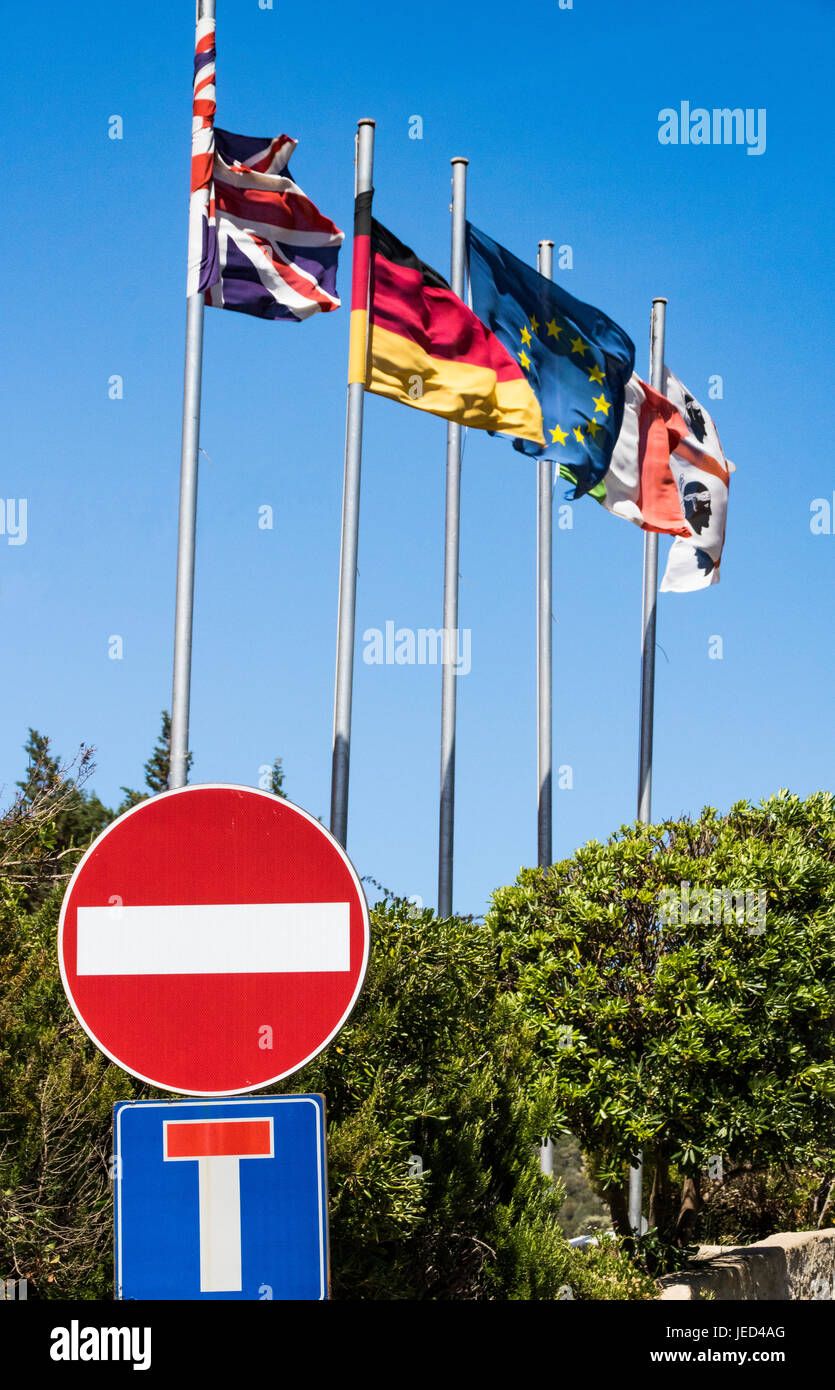 Union Jack, European Flags with 'No Entry' and 'No Through Road' Road ...