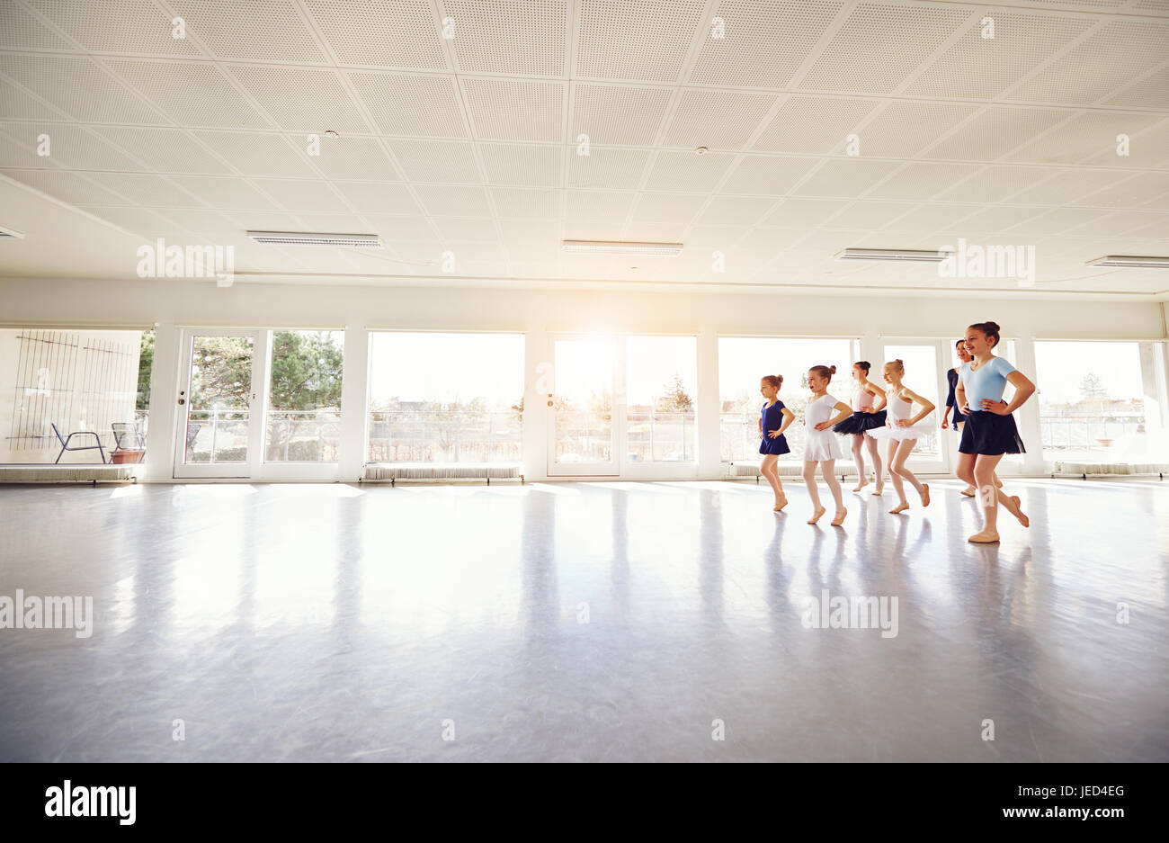 Group of small sporty pretty girls exercising and dancing ballet in the ...