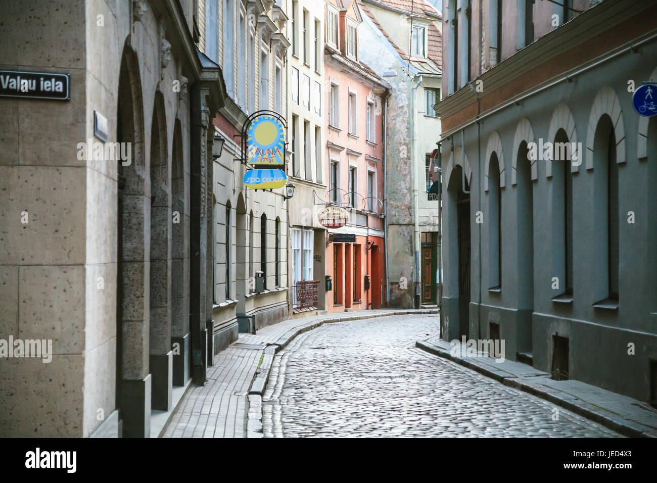 RIGA, LATVIA - SEPTEMBER 12, 2008: narrow street Valnu iela in Riga old ...