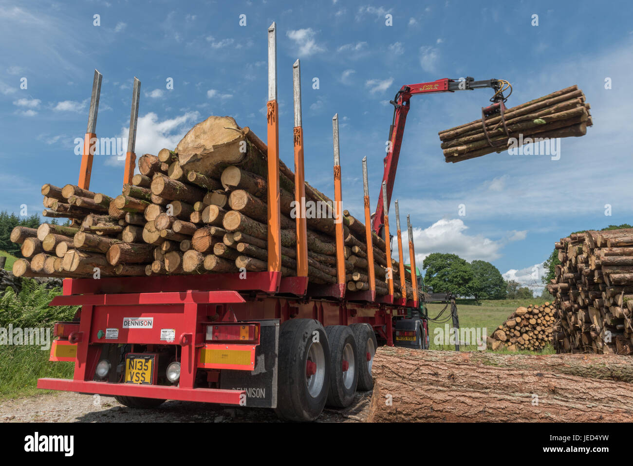 Loading sawn logs onto a truck at far Sawrey in Cumbria Stock Photo - Alamy