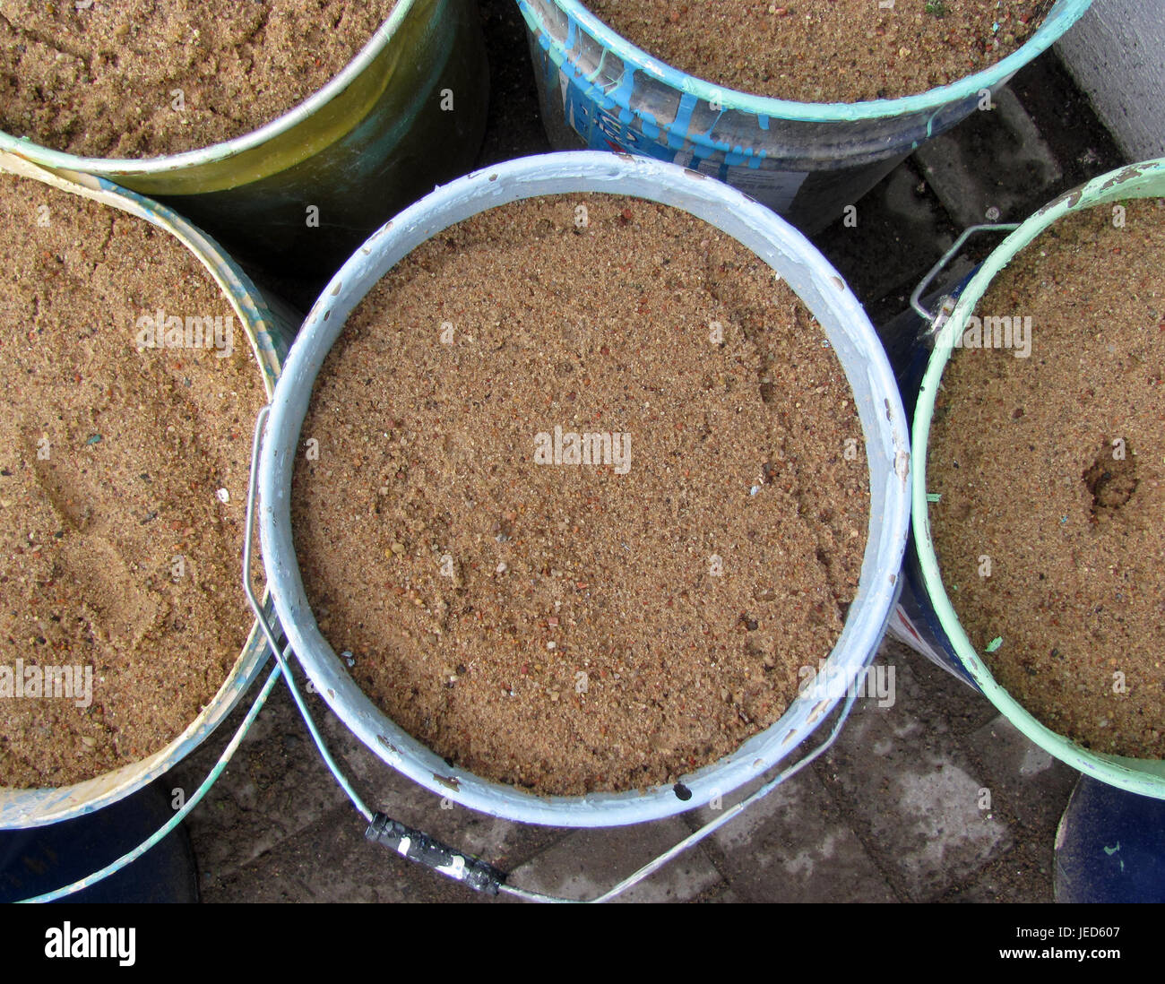 Containers, buckets with earth, top view Stock Photo - Alamy