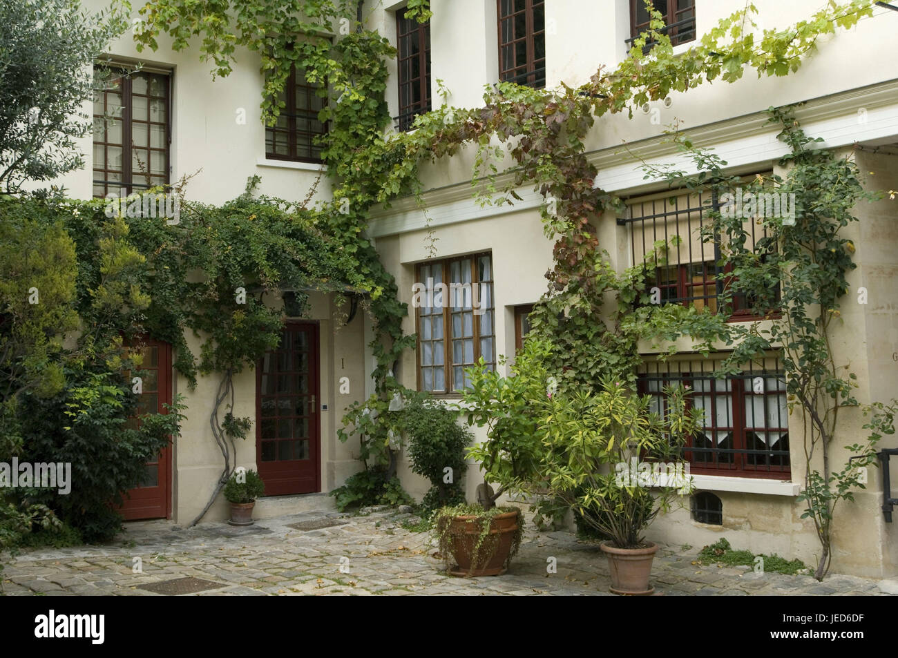 France, Paris, Cour you Bel Air, backyard, house facade, plants Stock ...