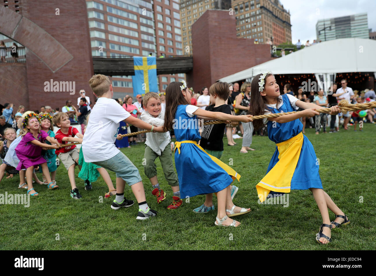 New York, New York, USA. 23rd June, 2017. Children play tug-of-war ...