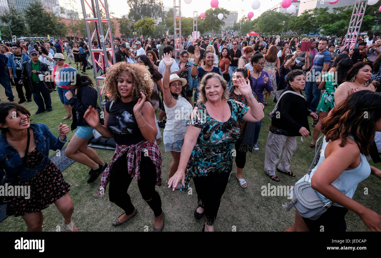 Los Angeles, USA. 23rd June, 2017. People dance at the Grand Park in ...