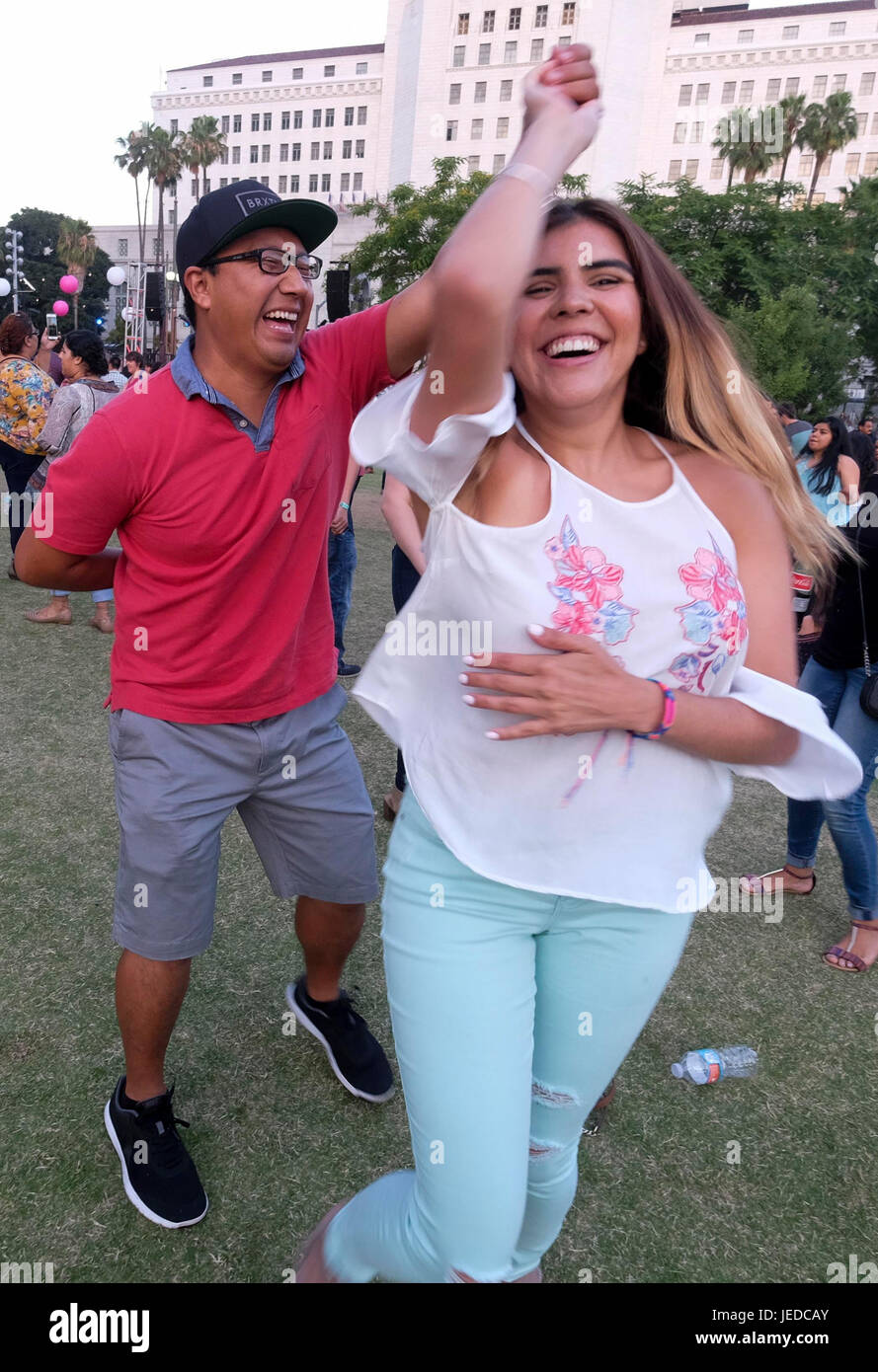 Los Angeles, USA. 23rd June, 2017. People dance at the Grand Park in ...