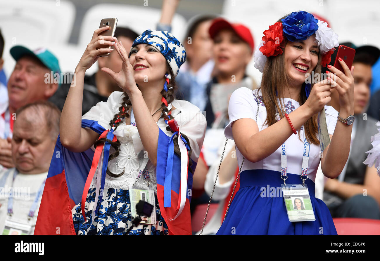 Russian fans posing with their mobile phones before the start of the ...