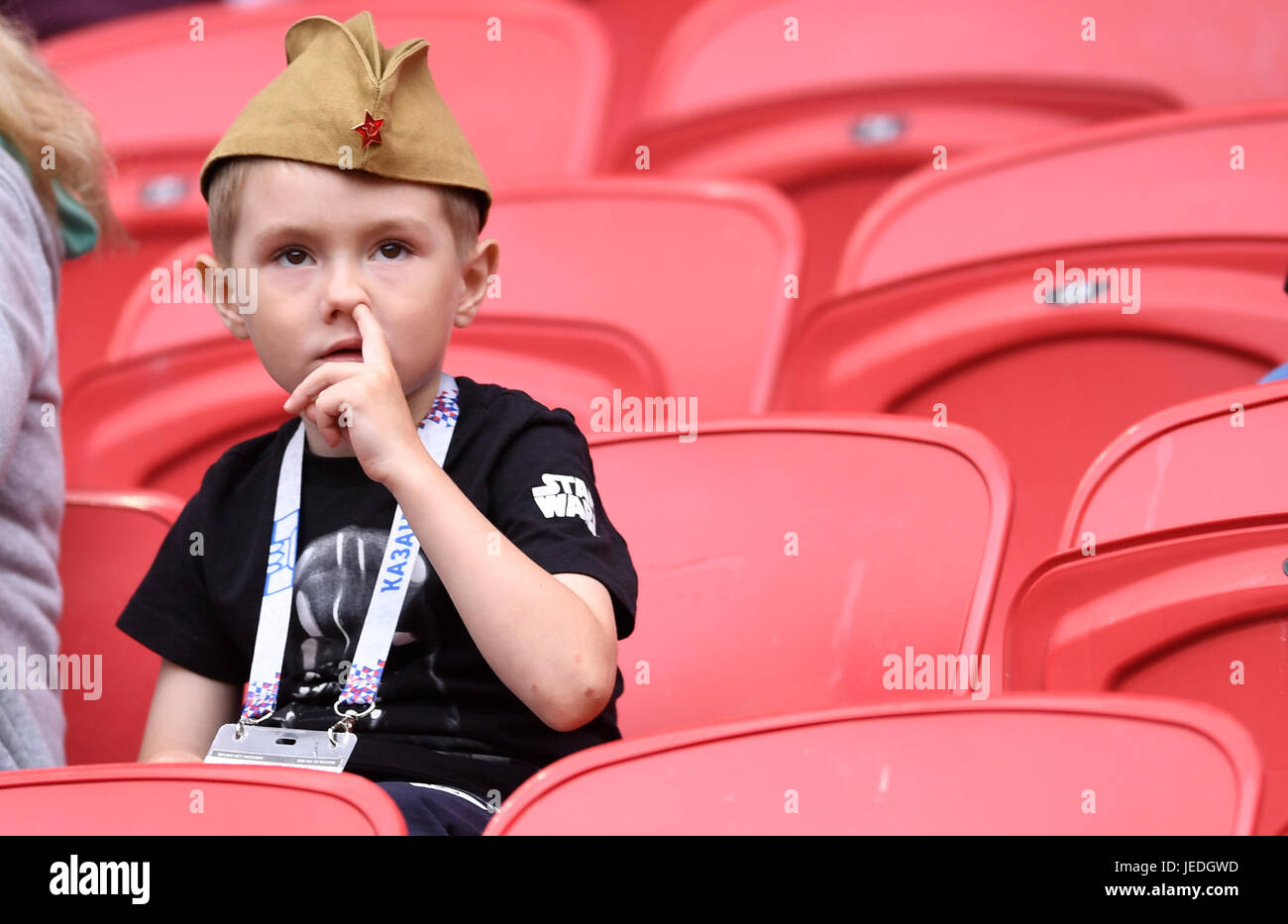 Kazan, Russia. 24th June, 2017. A young Russian fan, wearing a kepi ...