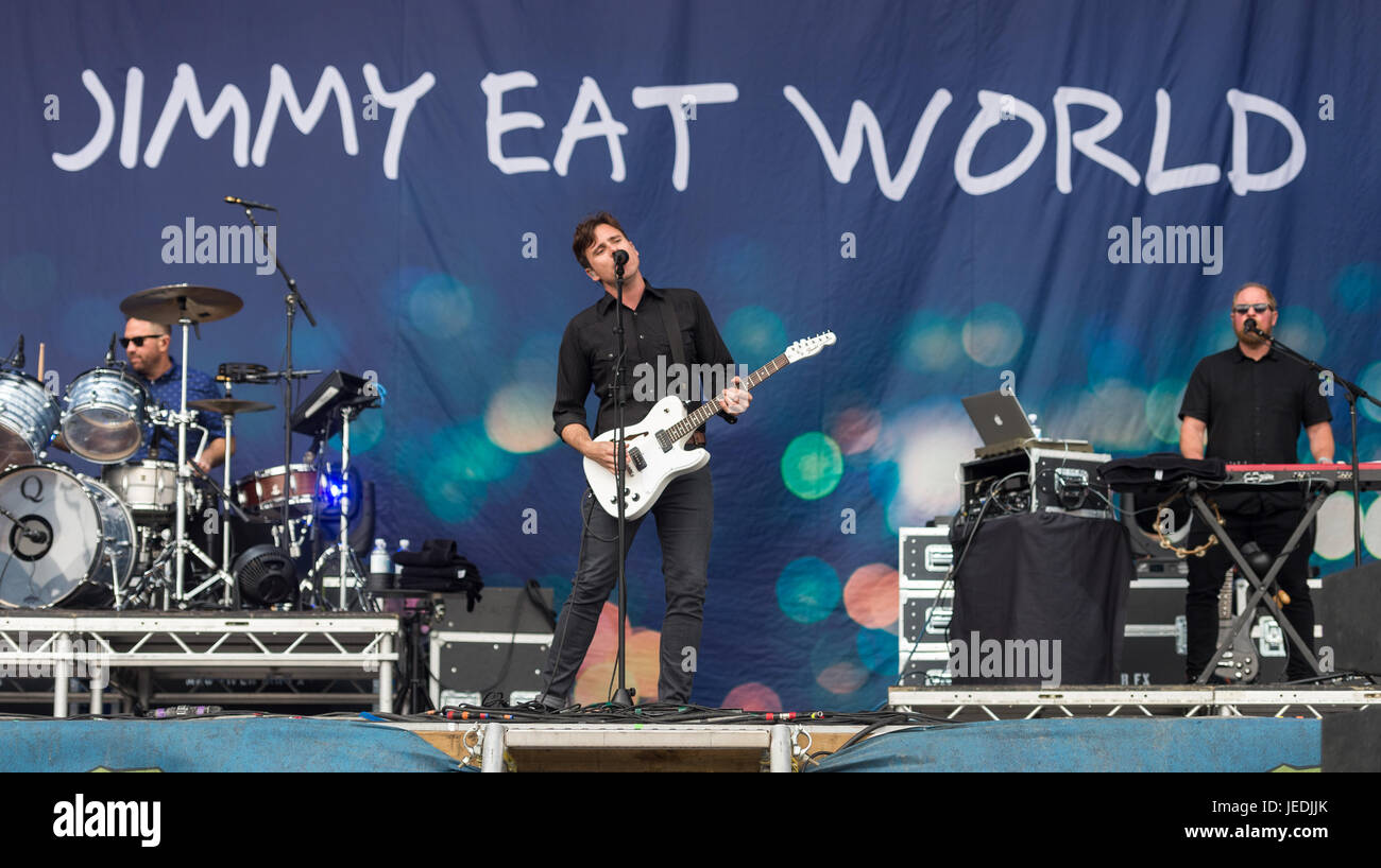The band "Jimmy Eat World", with singer Jim Adkins (C), plays during ...