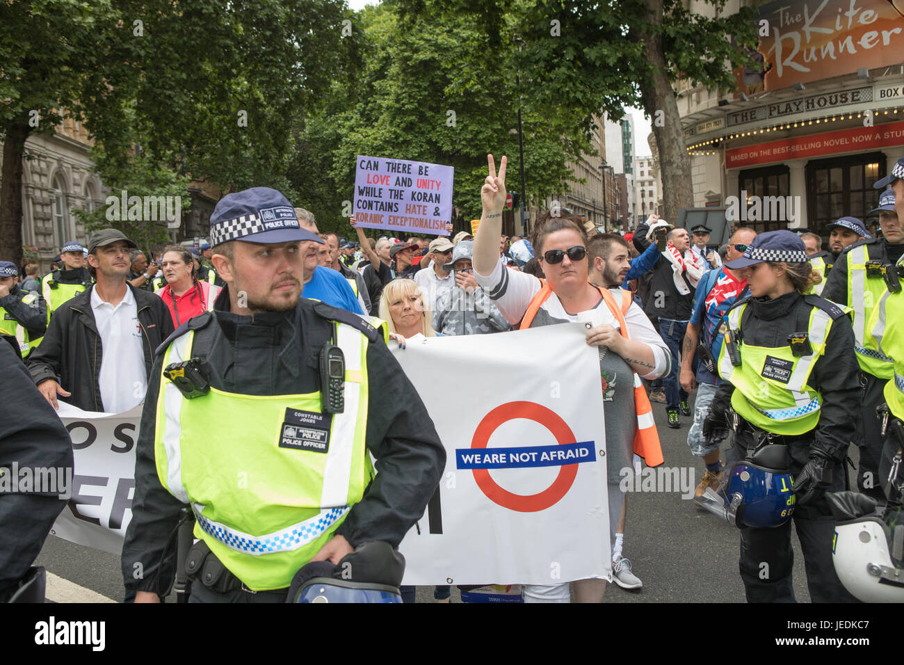 EDL march London, UK. 24th June, 2017. A EDL protester holding a banner ...