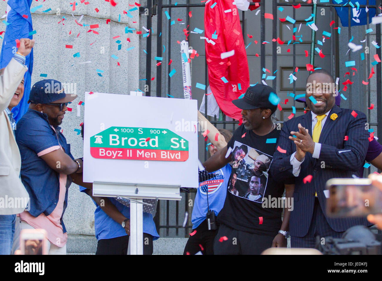 Philadelphia, USA. 24th June, 2017. Members of Boys II Men celebrate at ...