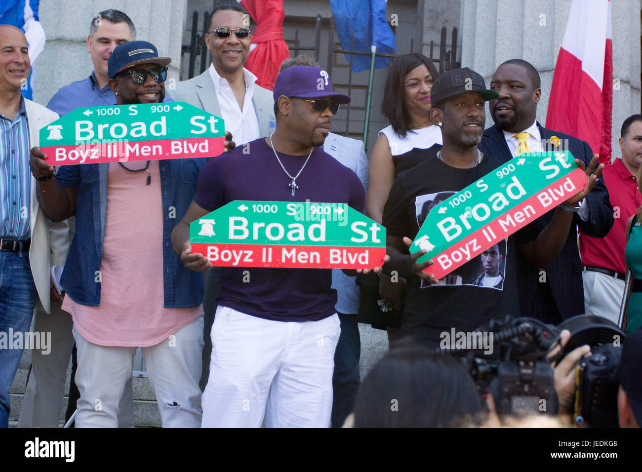 Philadelphia, USA. 24th June, 2017. Members of Boys II Men celebrate at ...