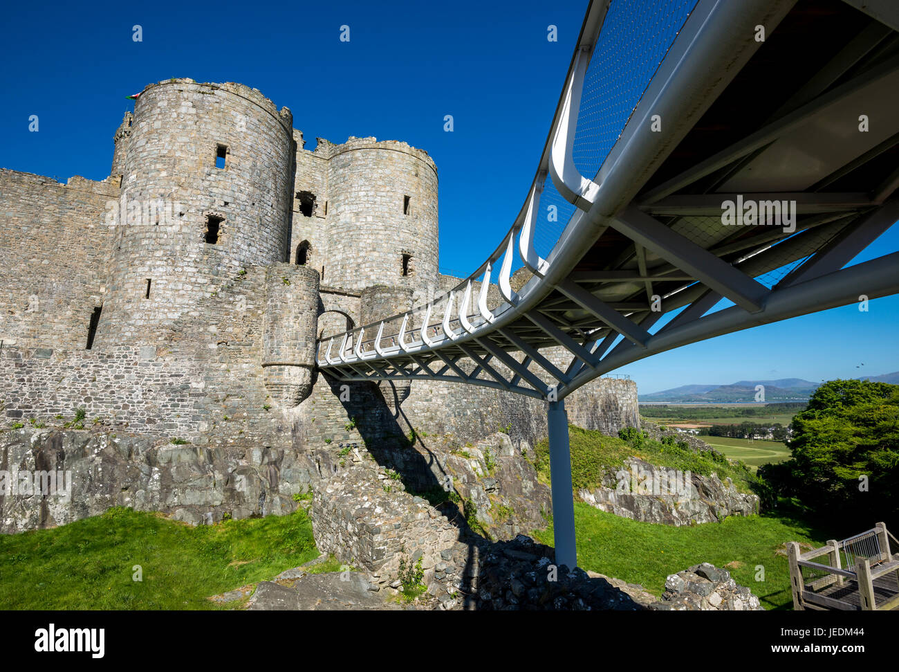 Harlech castle in Snowdonia, North Wales. Featuring the new bridge ...