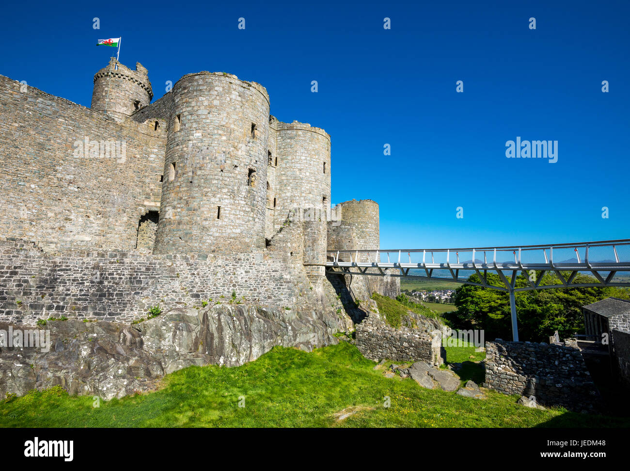 Harlech castle in Snowdonia, North Wales. Featuring the new bridge ...