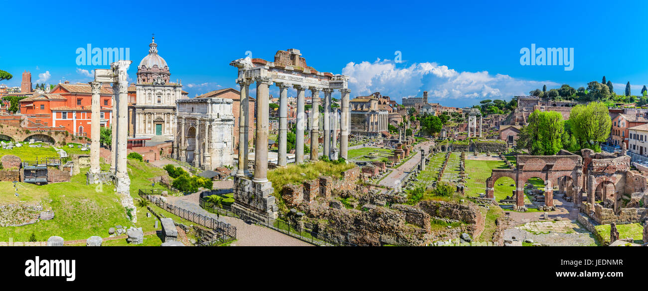 Overview of the ancient Forum, showing temples, pillars, the senate and ...