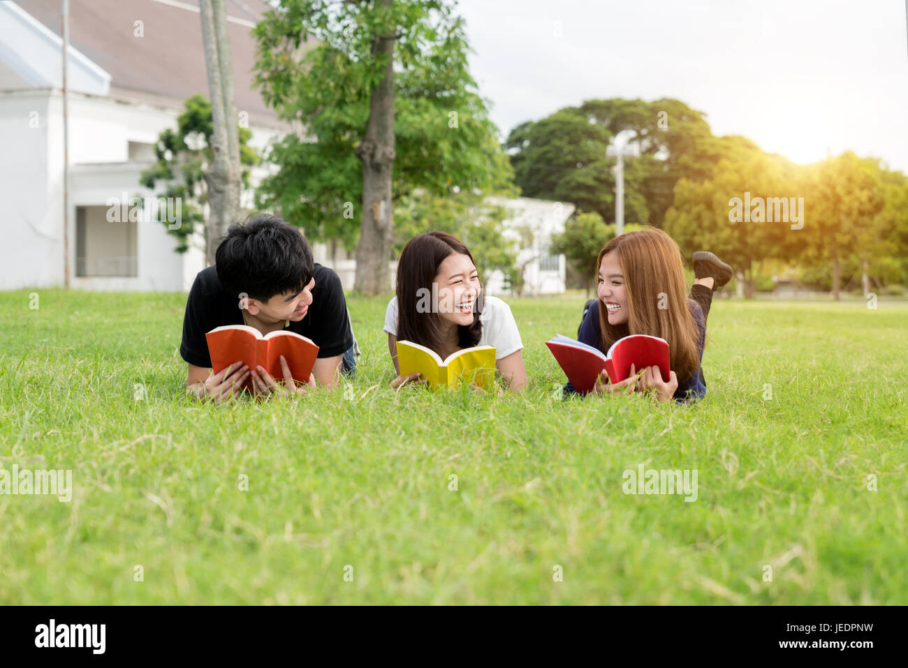 Group of friends studying outdoors in park at school. Three Asian high ...