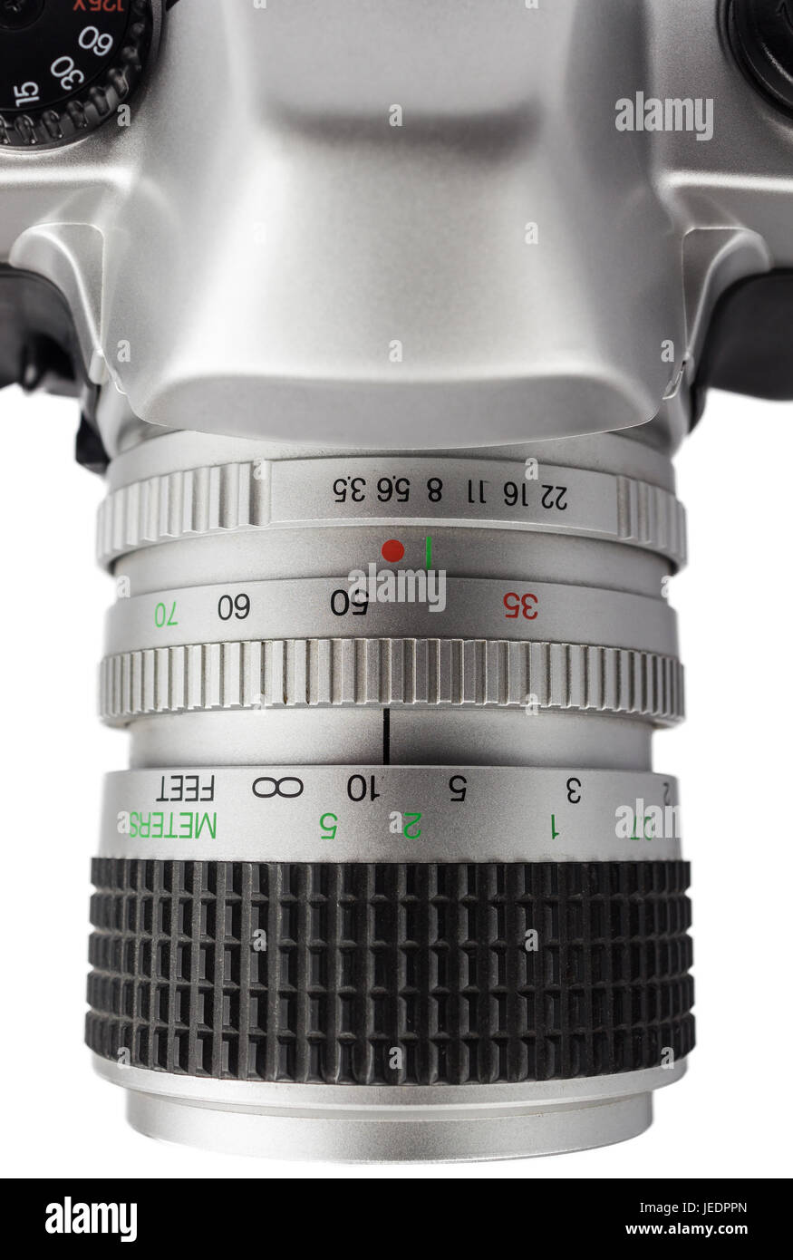 closeup of an analog camera silver. view from above and in detail the ...