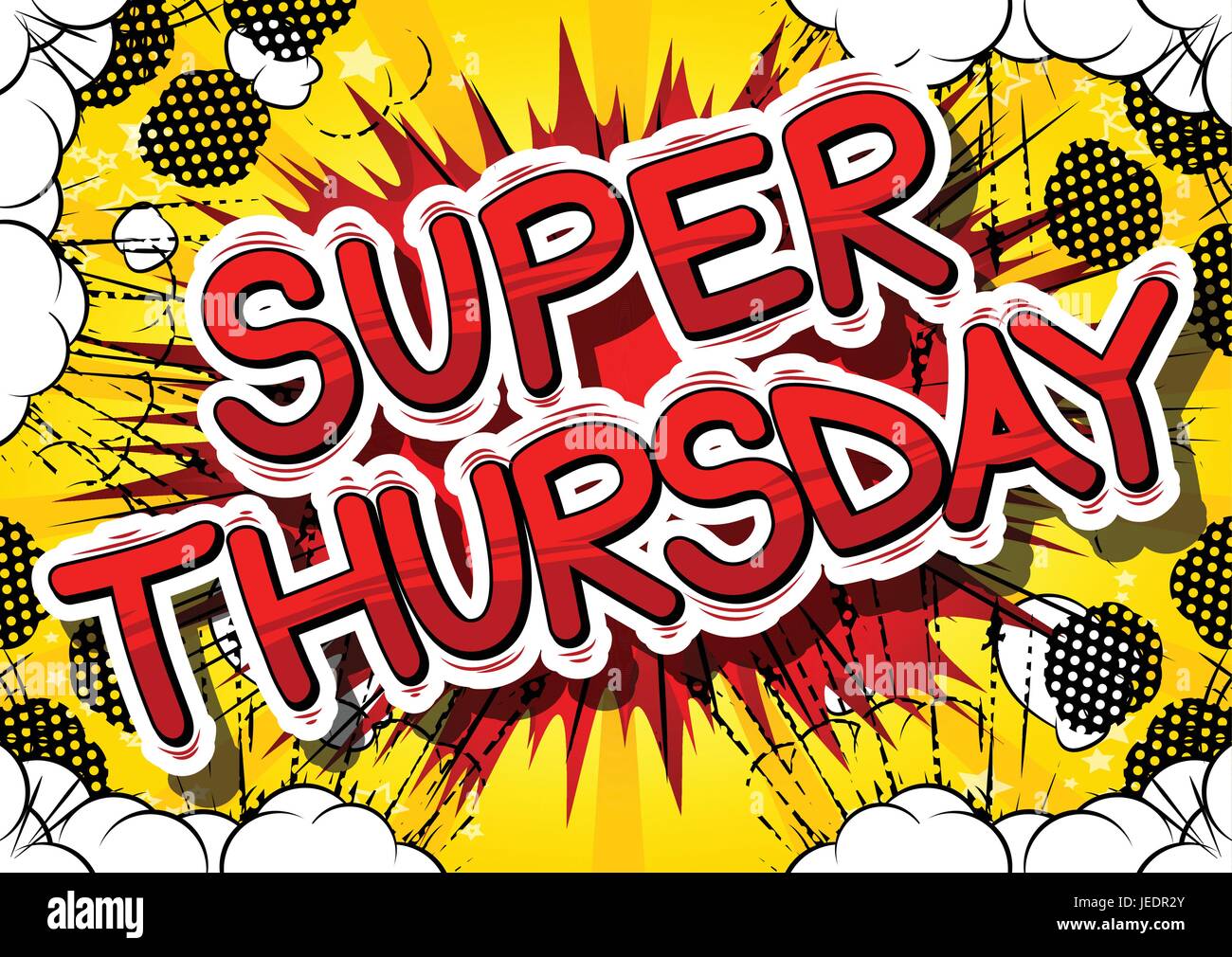 Super Thursday- Comic book style word on abstract background Stock ...