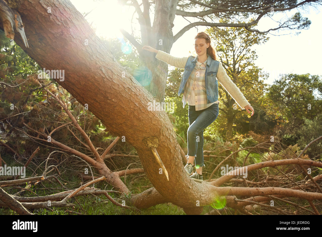 Young woman balancing on tree trunk Stock Photo - Alamy