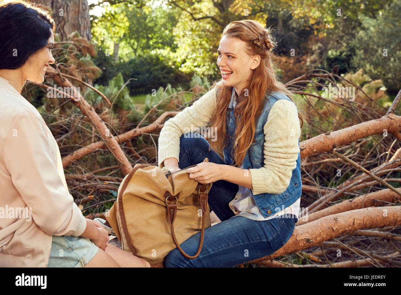 Two young women sitting and talking on tree trunk Stock Photo - Alamy
