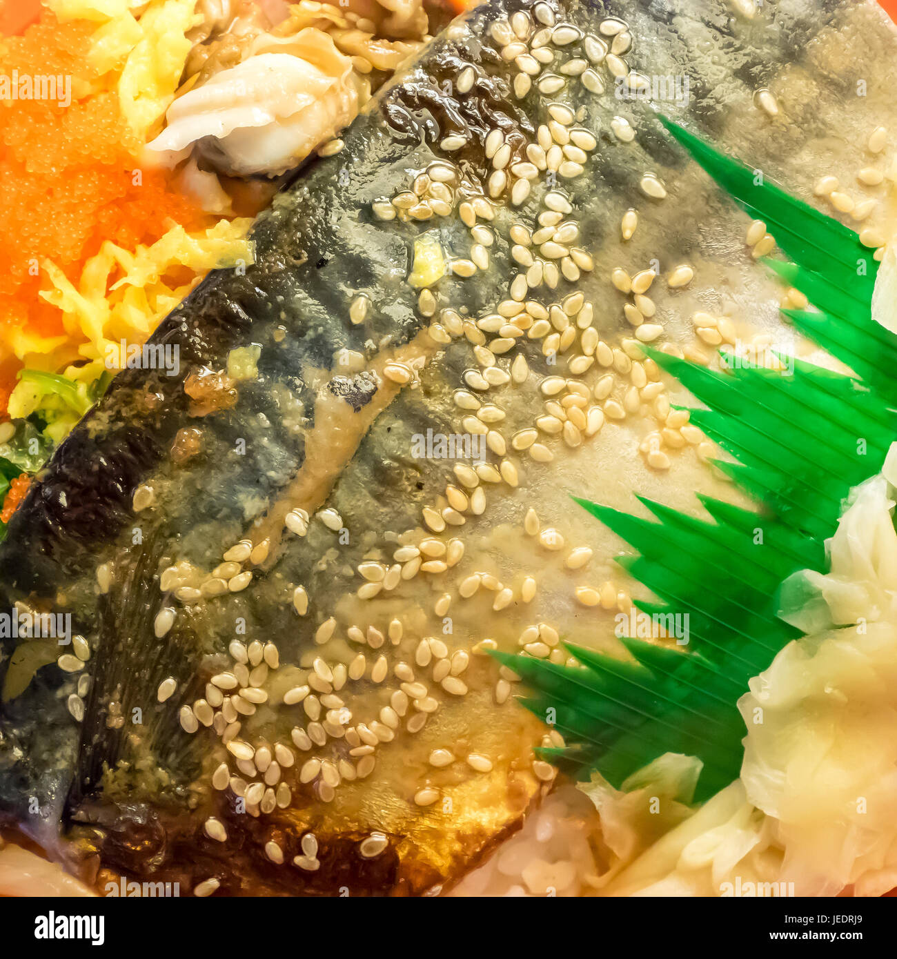 The close up of delicious grilled saba fish rice (Japanese food Stock ...