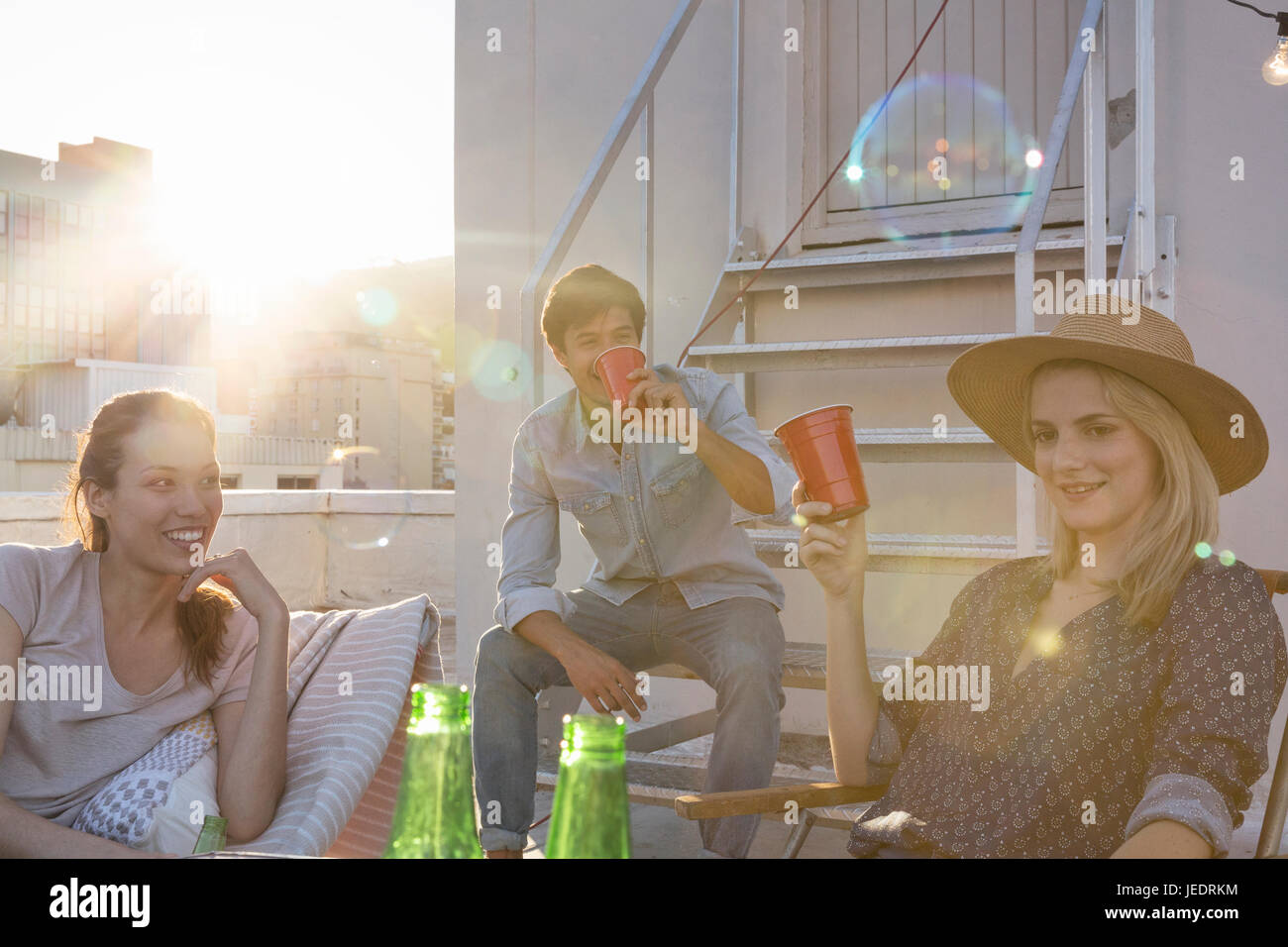Friends having a rooftop party on a beautiful summer evening Stock ...