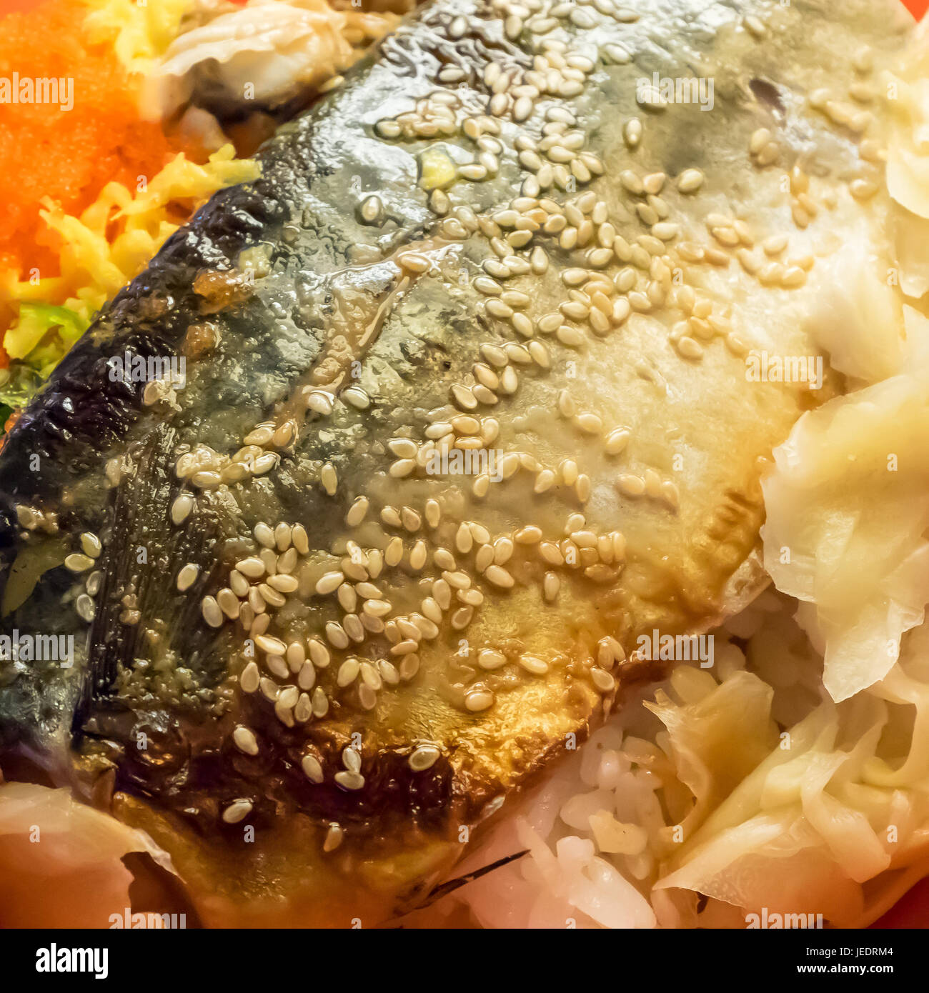 The close up of delicious grilled saba fish rice (Japanese food Stock ...