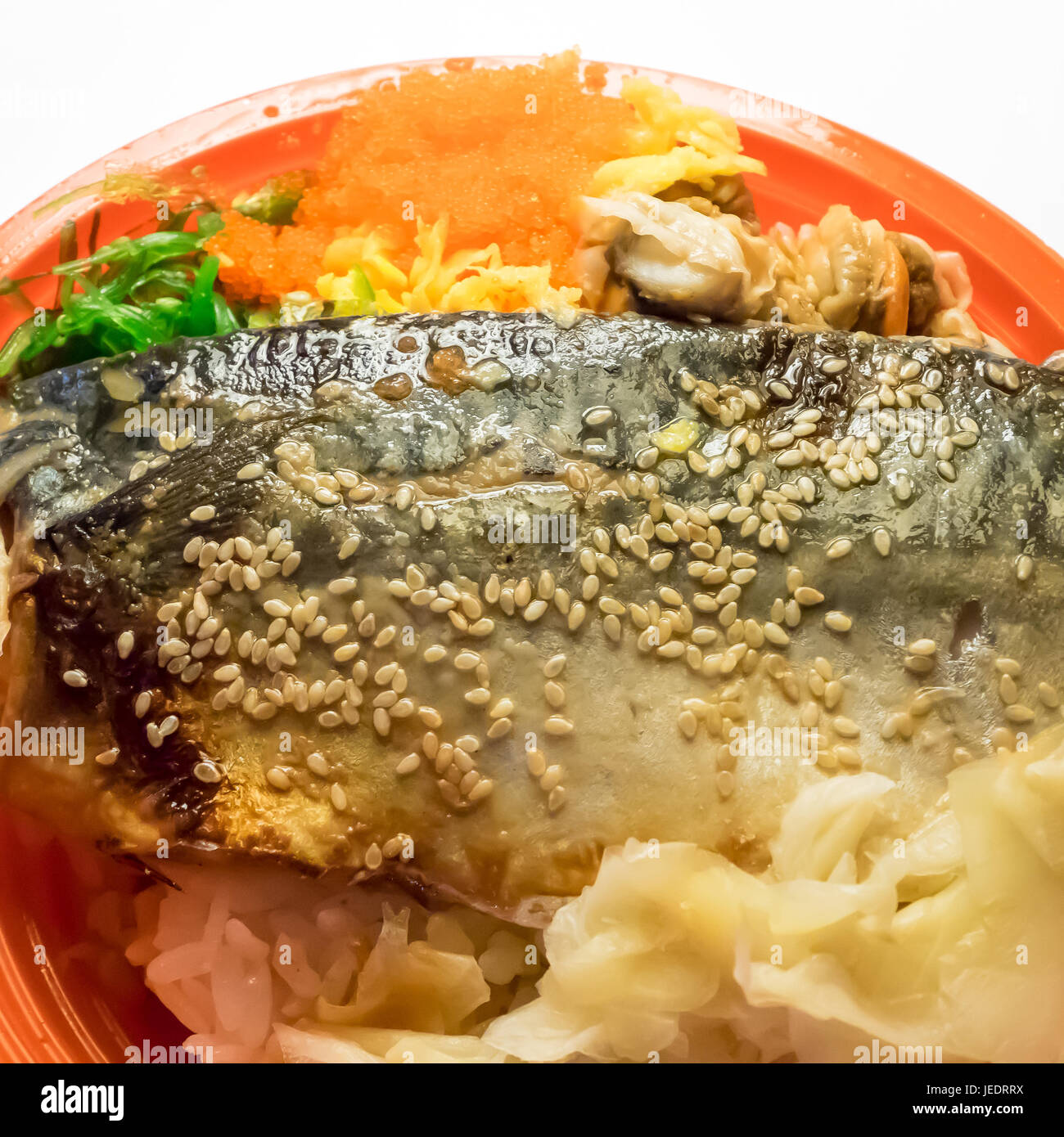 The close up of delicious grilled saba fish rice (Japanese food Stock ...