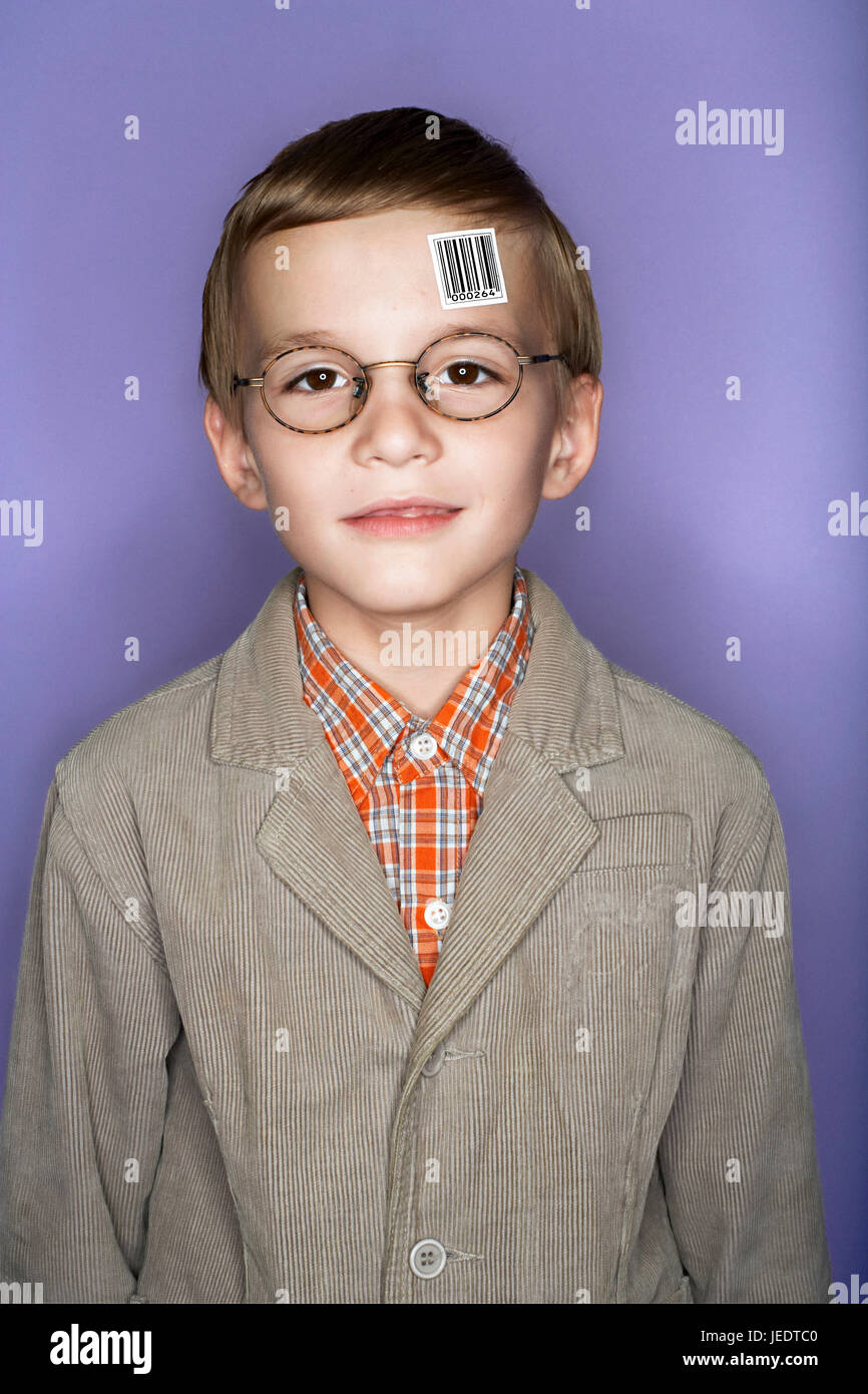Portrait of boy with bar code label on his forehead Stock Photo - Alamy