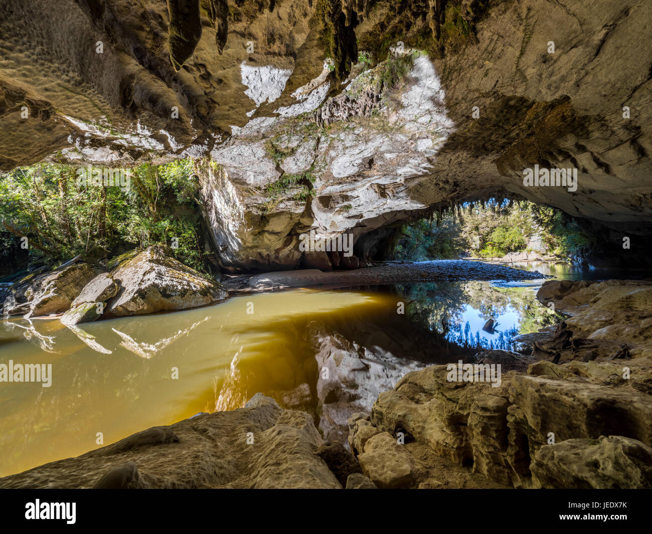 New Zealand, South Island, Westcoast, Oparara River, rock tunnel Moria ...