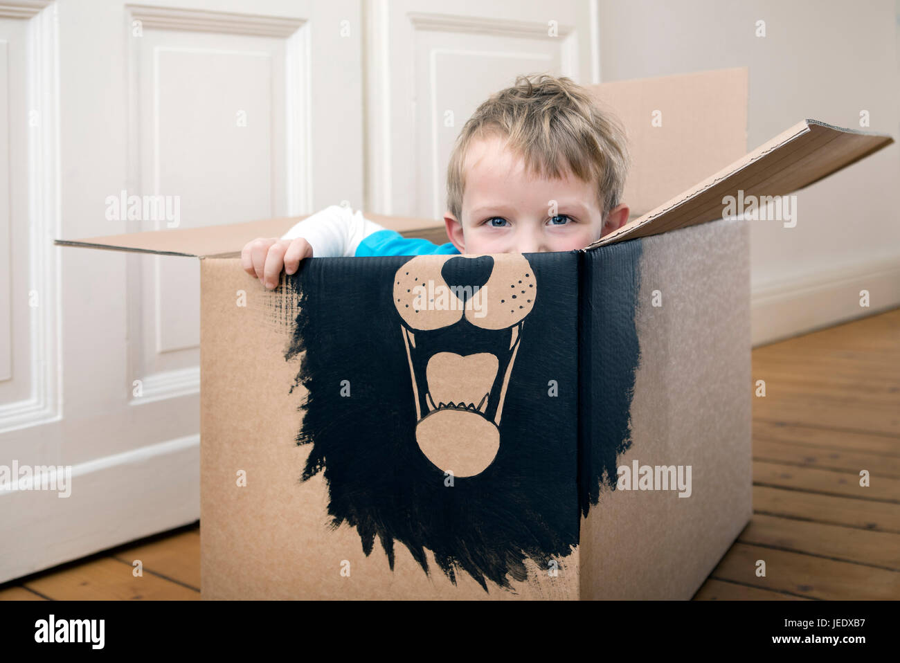 Boy inside a cardboard box painted with a lion Stock Photo - Alamy