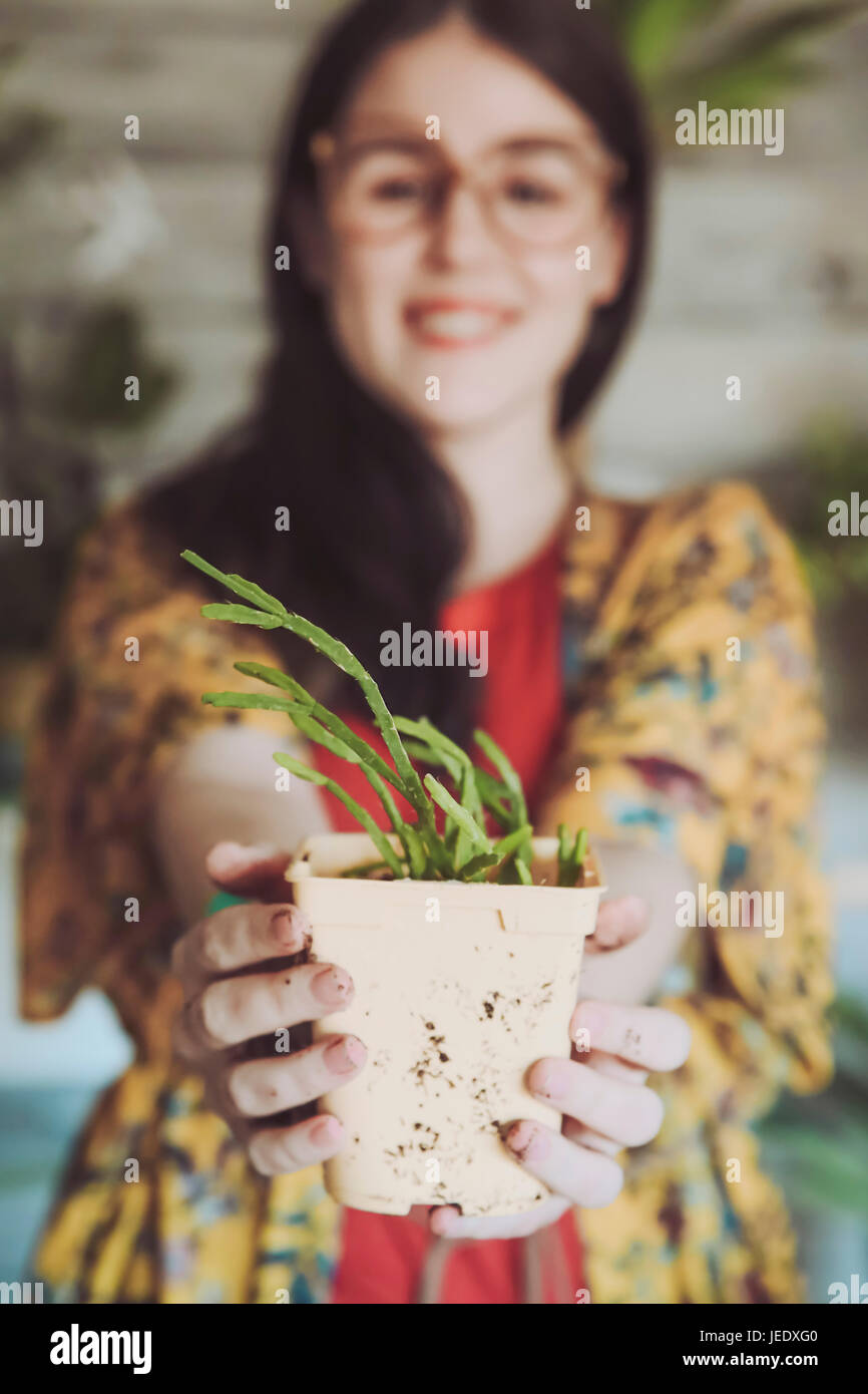 Young woman holding freshly potted cactus Stock Photo - Alamy