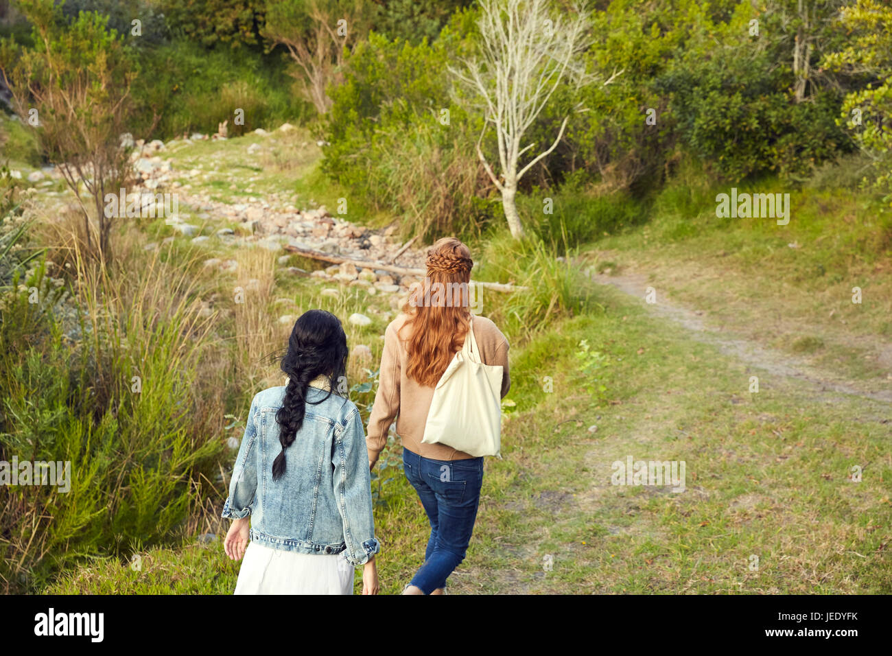Back view of two young women walking in nature Stock Photo - Alamy