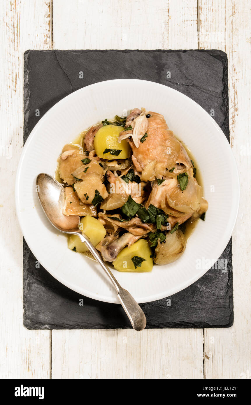 traditional irish farmhouse chicken stew with root vegetable and ...