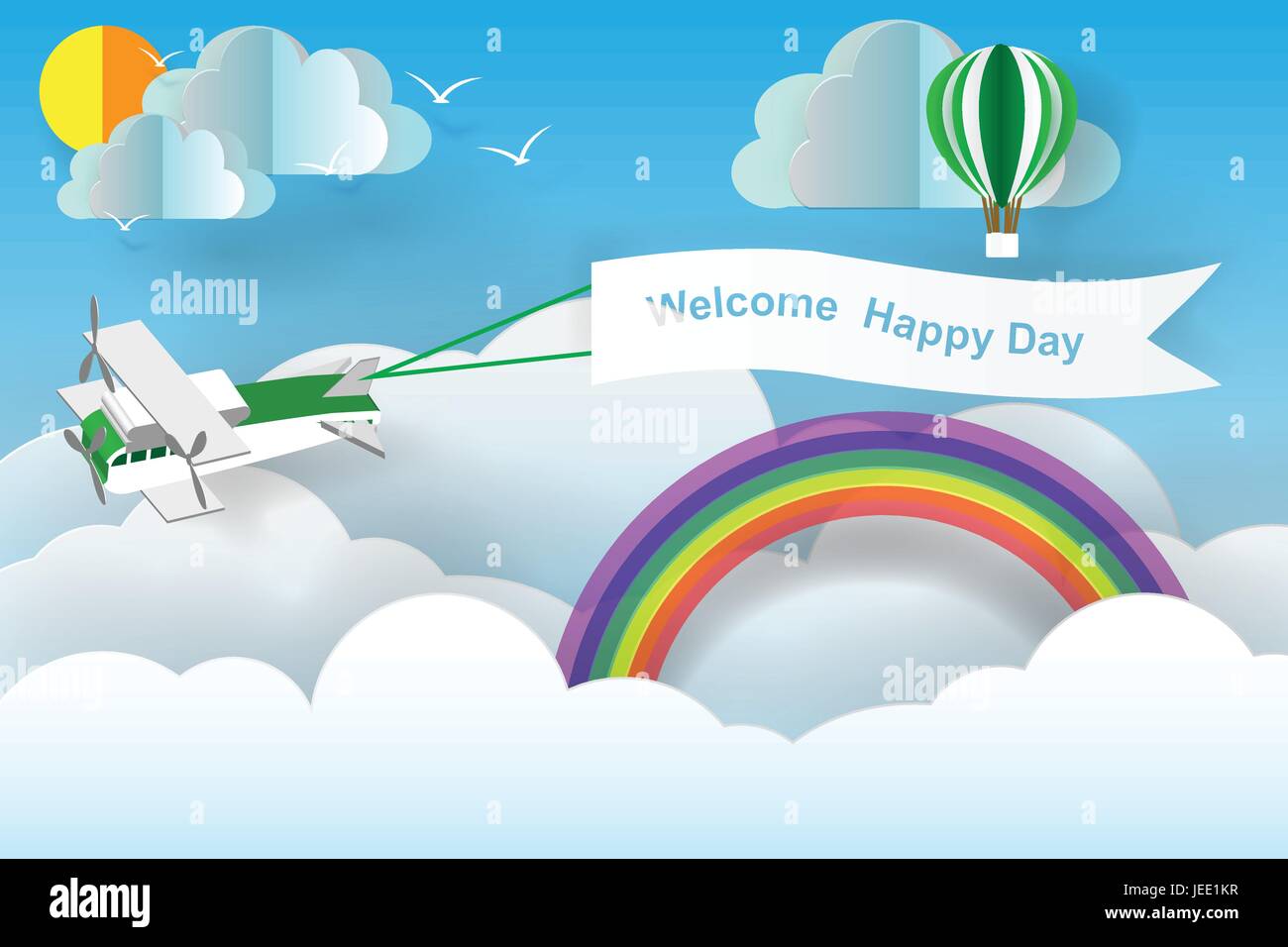 Paper art of welcome happy day board with plane flying in the sky ...